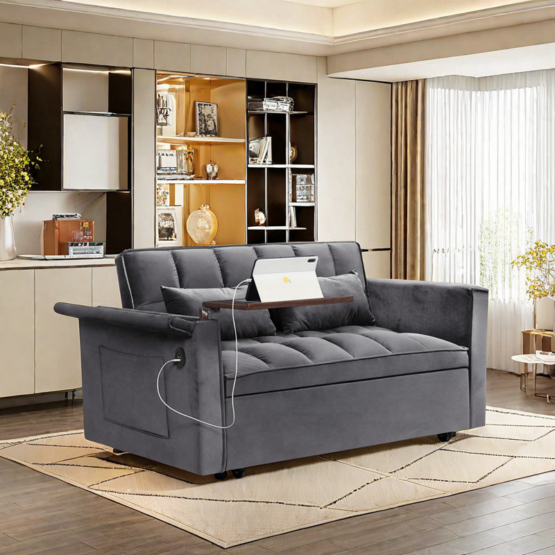 Everly Quinn 3 In 1 Sleeper Sofa Couch Bed Velvet Sofa Bed With Adjustable Backrest And USB Port Modern Sofa Bed For Living Room Convertible Sofa Bed For Bedroom Wayfair